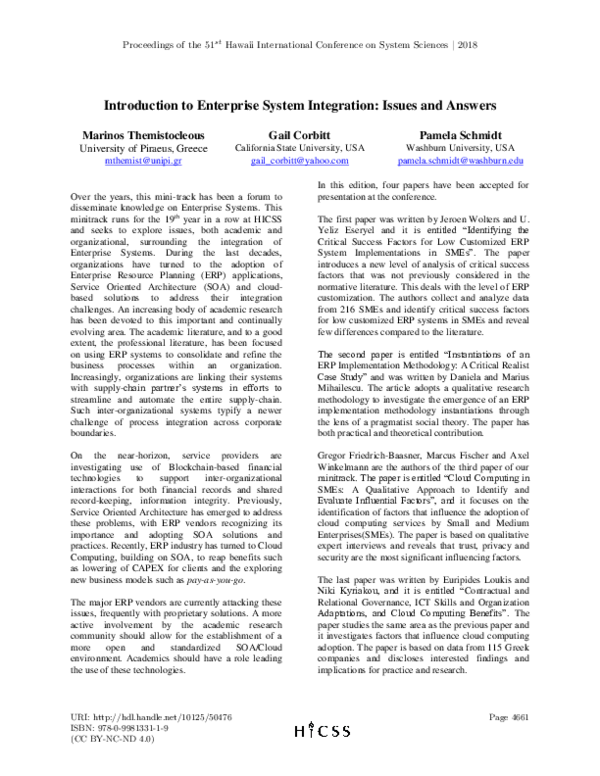 (PDF) Introduction to the Minitrack on Enterprise System Integration: Issues and Answers