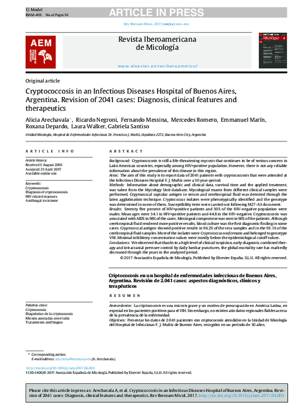 (PDF) Cryptococcosis in an Infectious Diseases Hospital of Buenos Aires ...
