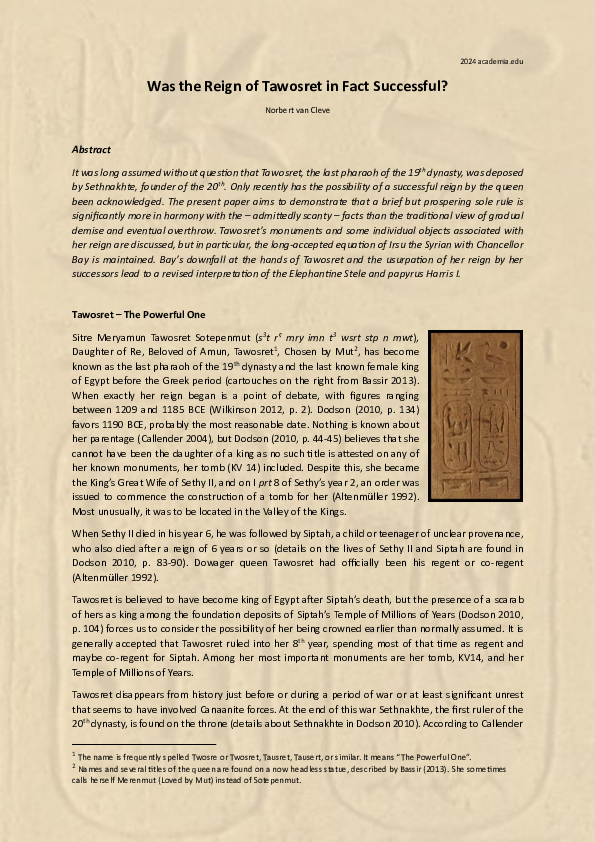 (PDF) Was the Reign of Tawosret in Fact Successful?