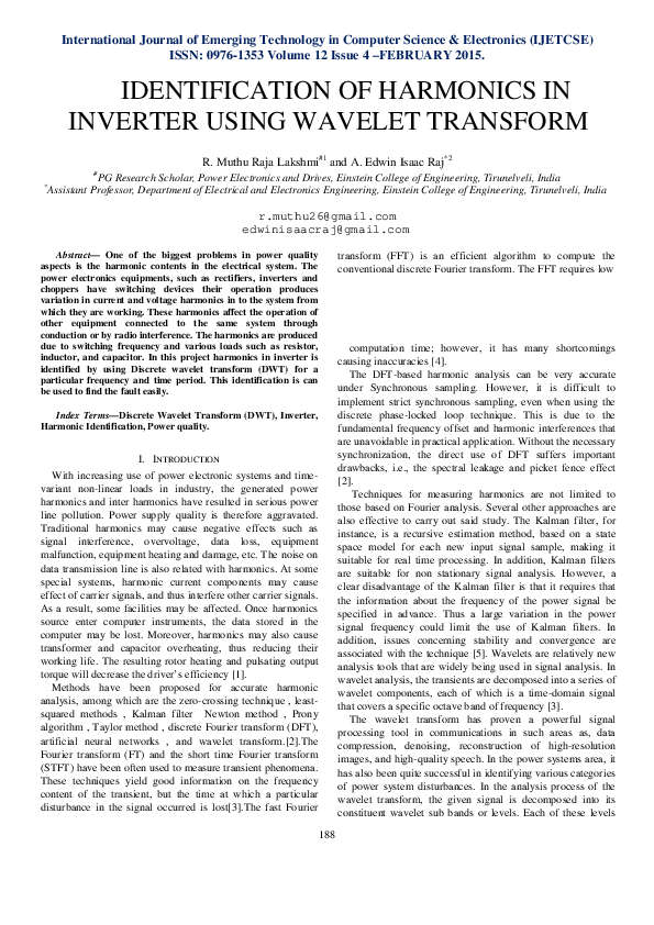 (PDF) IDENTIFICATION OF HARMONICS IN INVERTER USING WAVELET TRANSFORM