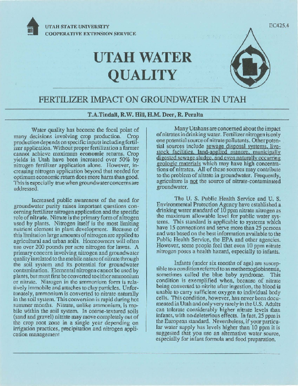 (PDF) Utah Water Quality- Fertilizer Impact on Groundwater in Utah