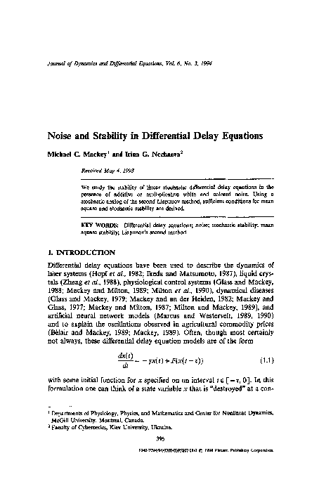 (PDF) Noise and stability in differential delay equations
