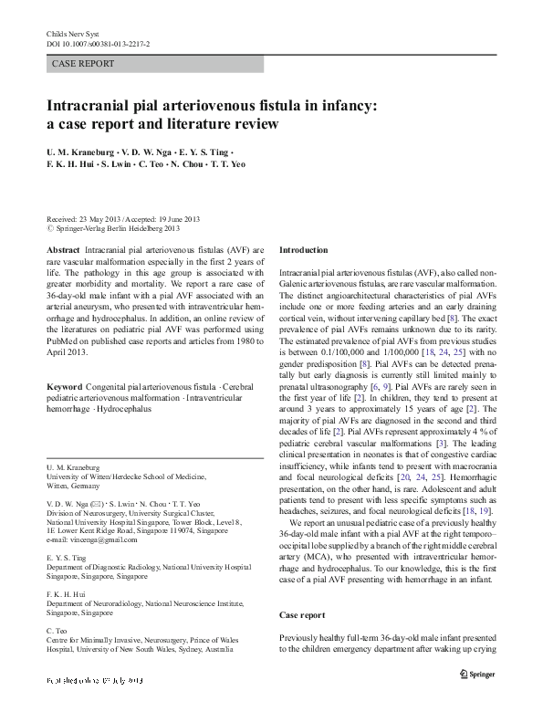 (PDF) Intracranial pial arteriovenous fistula in infancy: a case report ...