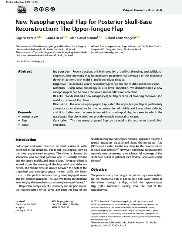 (PDF) New Nasopharyngeal Flap for Posterior Skull-Base Reconstruction: The Upper-Tongue Flap