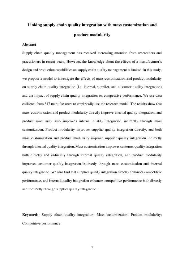 (PDF) Linking supply chain quality integration with mass customization and product modularity