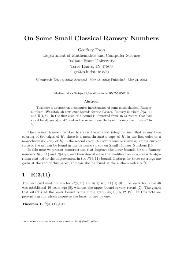 (PDF) On Some Small Classical Ramsey Numbers
