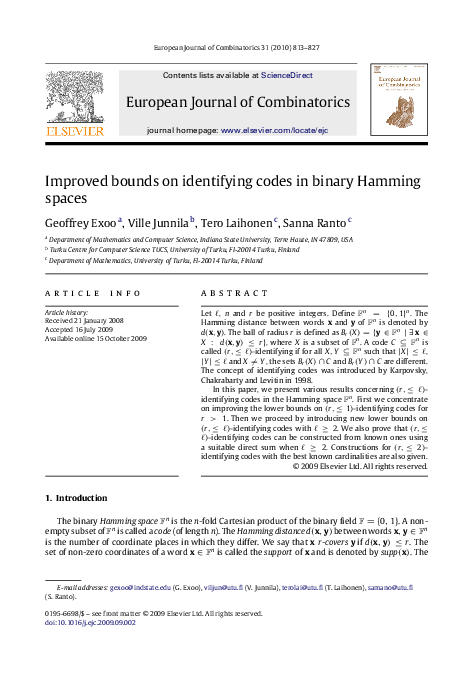 (PDF) Improved bounds on identifying codes in binary Hamming spaces