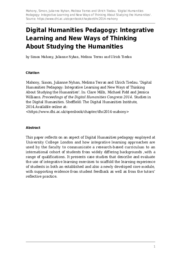 (PDF) Digital Humanities Pedagogy: Integrative Learning and New Ways of ...