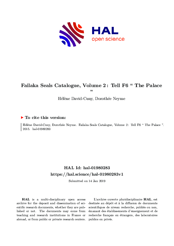 (PDF) Failaka Seals Catalogue, Volume 2 : Tell F6 « The Palace