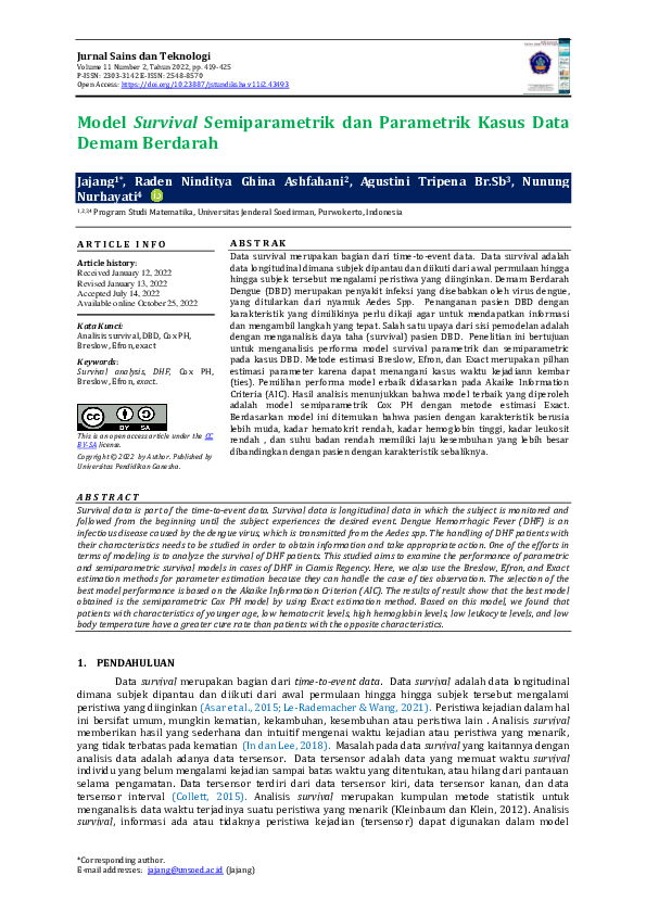 (PDF) Model Survival Semiparametrik Dan Parametrik Untuk Data Demam Berdarah Dengue (DBD) DI ...