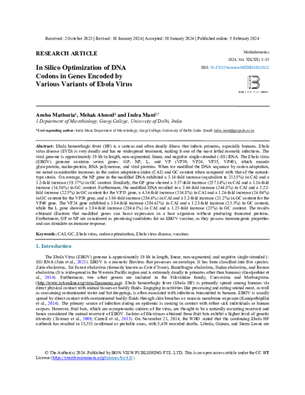 (PDF) In Silico Optimization of DNA Codons in Genes Encoded by Various Variants of Ebola Virus ...