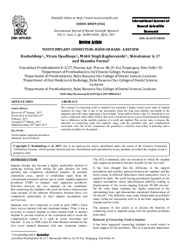 (PDF) Tooth implant connection: boon or bane- a review