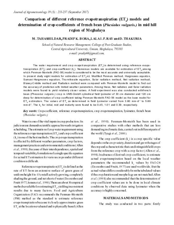 (PDF) Comparison of different reference evapotranspiration (ET0) models ...