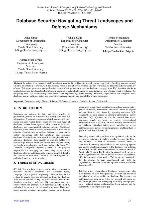 (PDF) Database Security: Navigating Threat Landscapes and Defense Mechanisms