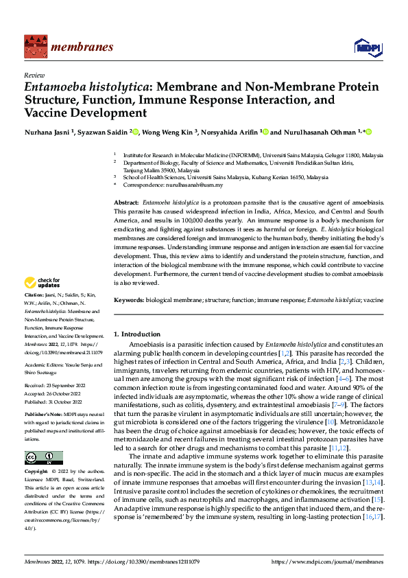 (PDF) Entamoeba histolytica: Membrane and Non-Membrane Protein Structure, Function, Immune ...