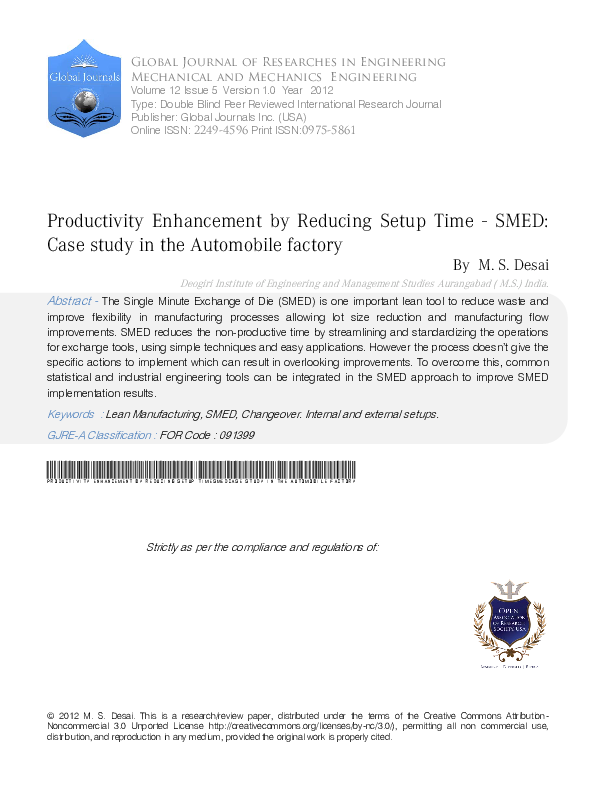 (PDF) Productivity Enhancement by Reducing Setup Time -SMED: Case Study ...