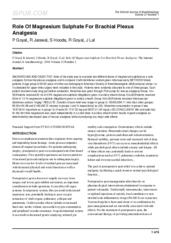(PDF) Role Of Magnesium Sulphate For Brachial Plexus Analgesia