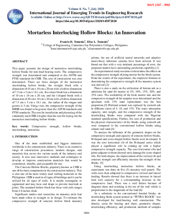 (PDF) Mortarless Interlocking Hollow Blocks: An Innovation