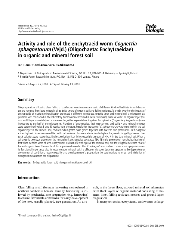 (PDF) Activity and role of the enchytraeid worm Cognettia sphagnetorum ...