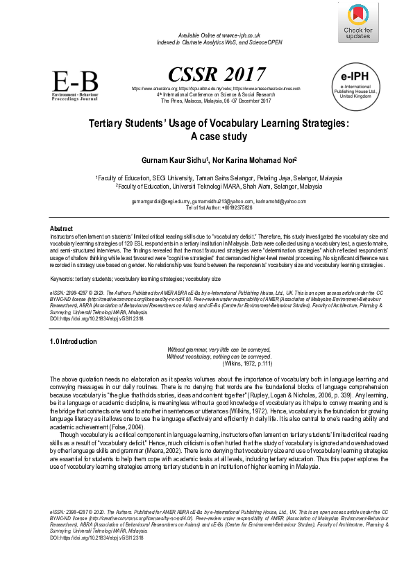 (PDF) Tertiary Students’ Usage of Vocabulary Learning Strategies: A ...