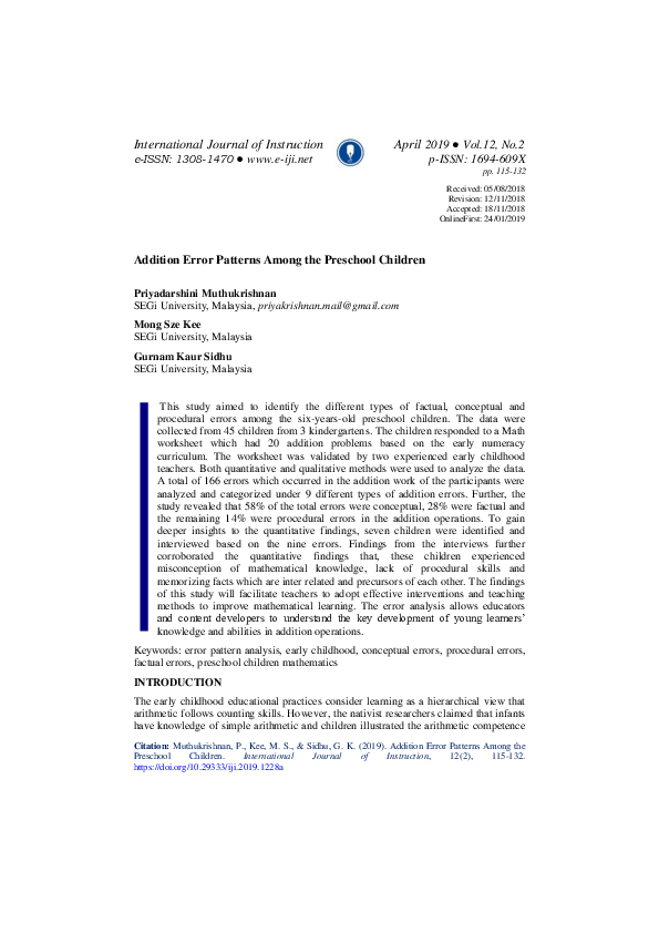 (PDF) Addition Error Patterns Among the Preschool Children | Gurnam Kaur - Academia.edu