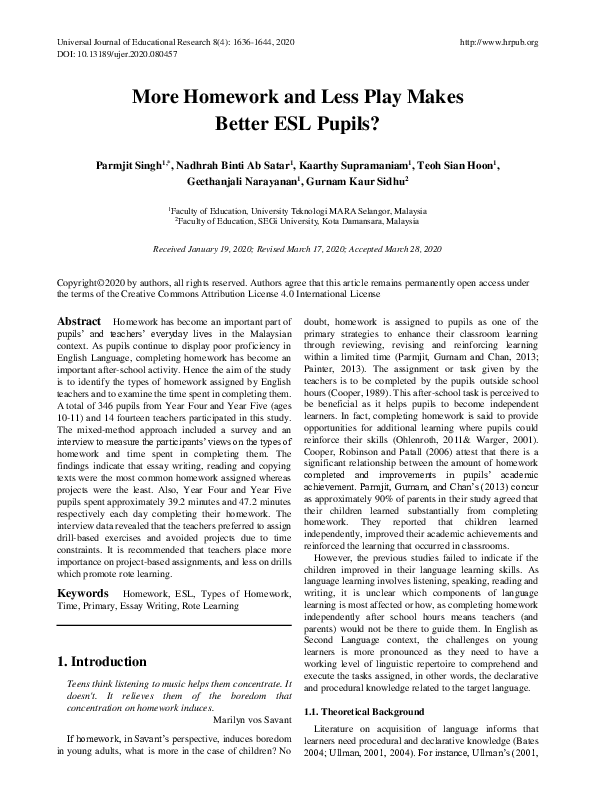 (PDF) More Homework and Less Play Makes Better ESL Pupils?