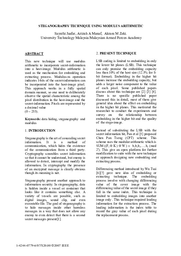 (PDF) Steganography technique using modulus arithmetic