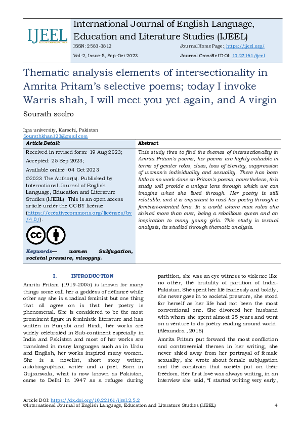 (PDF) Thematic analysis elements of intersectionality in Amrita Pritam ...