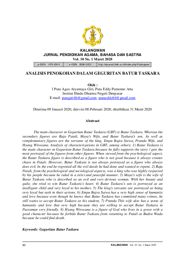 (PDF) Analisis Penokohan Dalam Geguritan Batur Taskara
