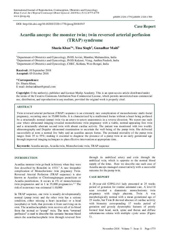 (PDF) Acardia anceps: the monster twin; twin reversed arterial perfusion (TRAP) syndrome | Dr ...