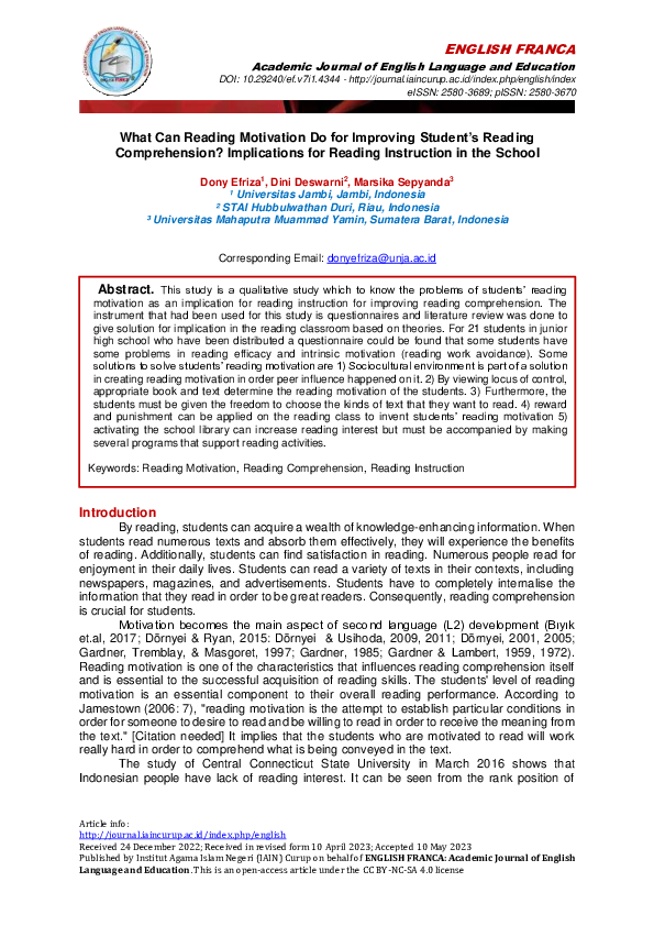 (PDF) What Can Reading Motivation Do for Improving Student’s Reading Comprehension? Implications ...