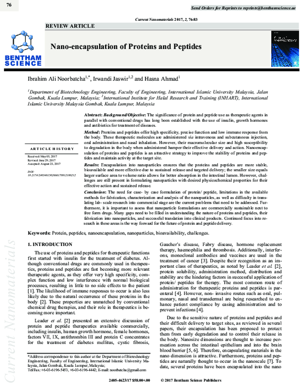 (PDF) Nano-encapsulation of Proteins and Peptides