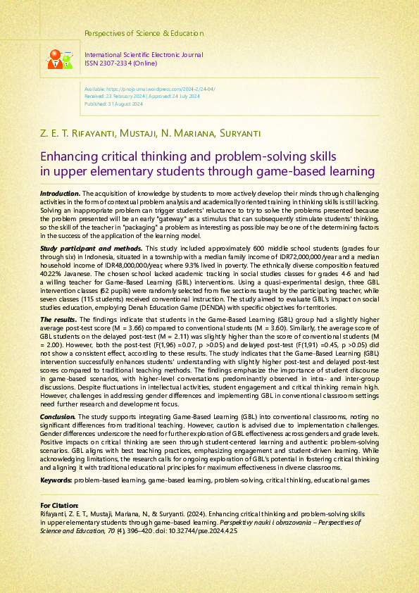 (PDF) Enhancing critical thinking and problem-solving skills in upper elementary students ...