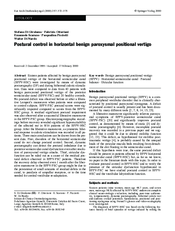 (PDF) Postural control in horizontal benign paroxysmal positional vertigo