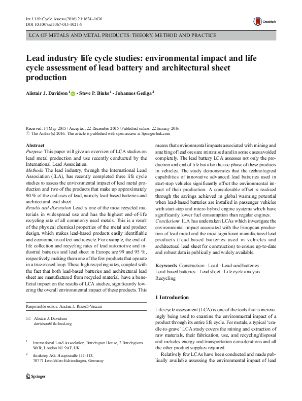 (PDF) Lead industry life cycle studies: environmental impact and life ...