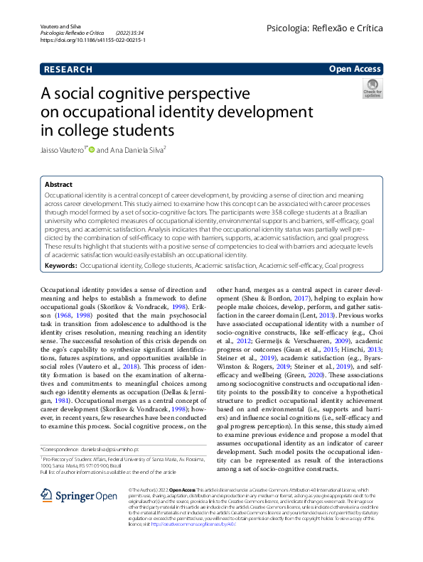 (PDF) A social cognitive perspective on occupational identity ...