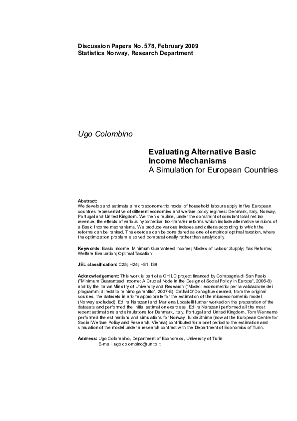 (PDF) Evaluating alternative basic income mechanisms : a simulation for European countries