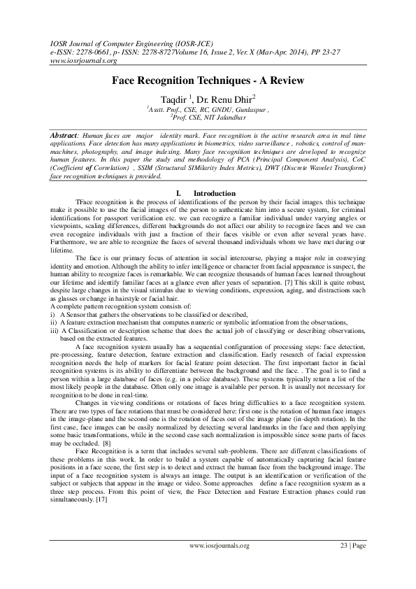 Pdf Face Recognition Techniques A Review