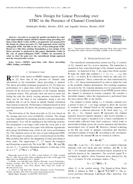(PDF) New Design for Linear Precoding over STBC in the Presence of ...