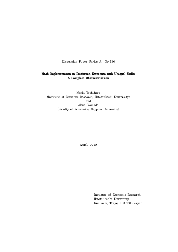(PDF) Nash implementation in production economies with unequal skills : a complete characterization