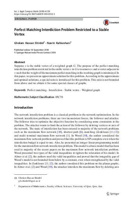 (PDF) Perfect Matching Interdiction Problem Restricted to a Stable Vertex