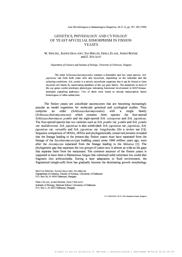 (PDF) Genetics, Physiology and Cytology of Yeast-Mycelial Dimorphism in ...