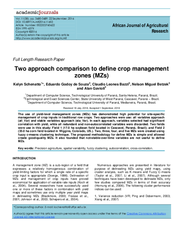 (PDF) Two approach comparison to define crop management zones (MZs)