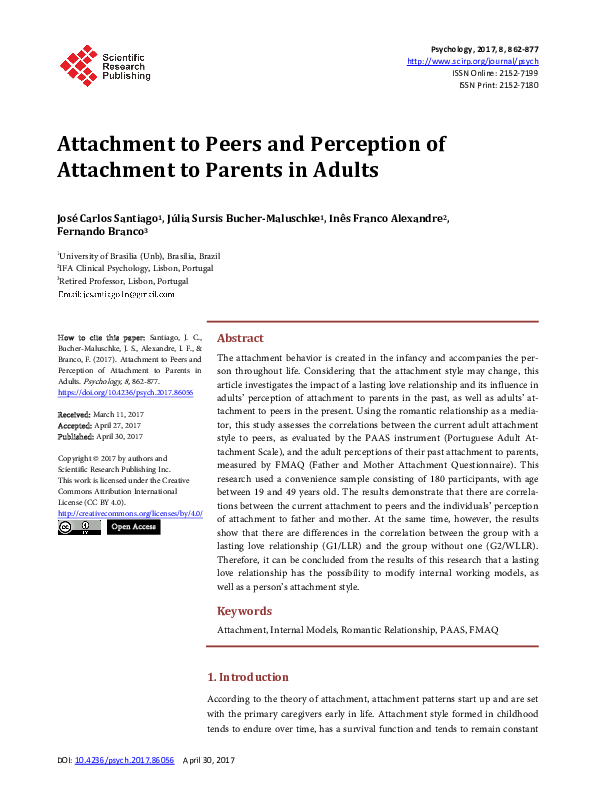 (PDF) Attachment to Peers and Perception of Attachment to Parents in Adults