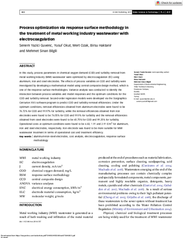(PDF) Process optimization via response surface methodology in the treatment of metal working ...