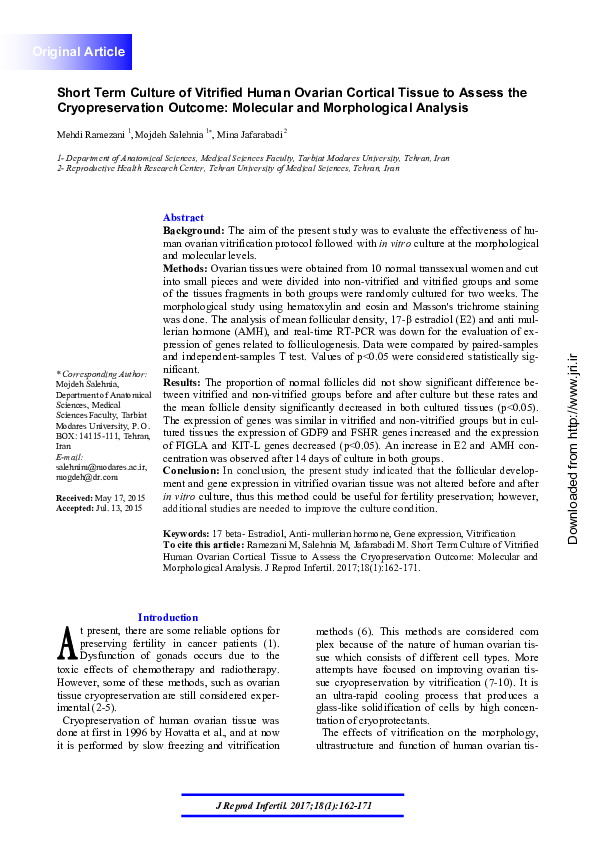 (PDF) Short Term Culture of Vitrified Human Ovarian Cortical Tissue to ...