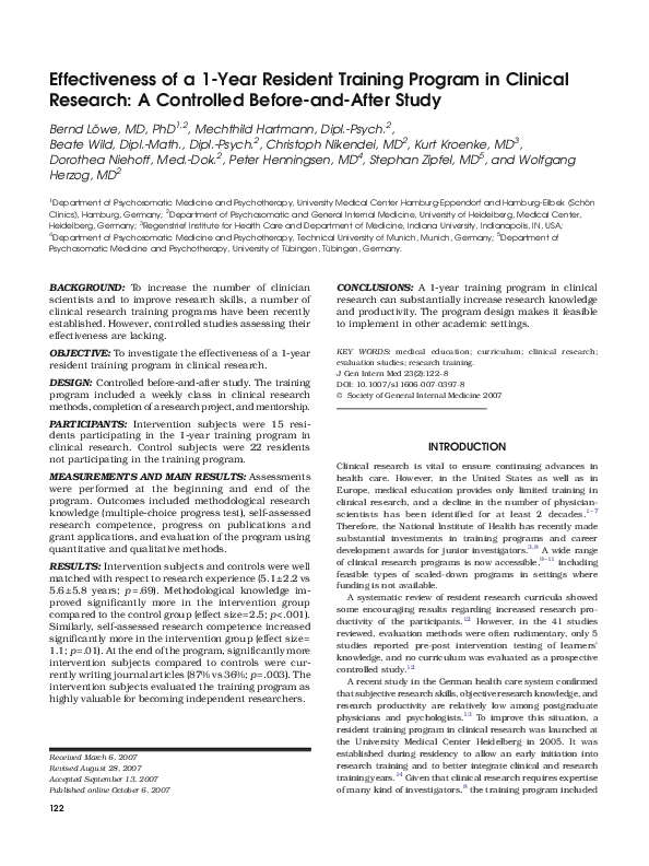 (PDF) Effectiveness of a 1-Year Resident Training Program in Clinical Research: A Controlled ...