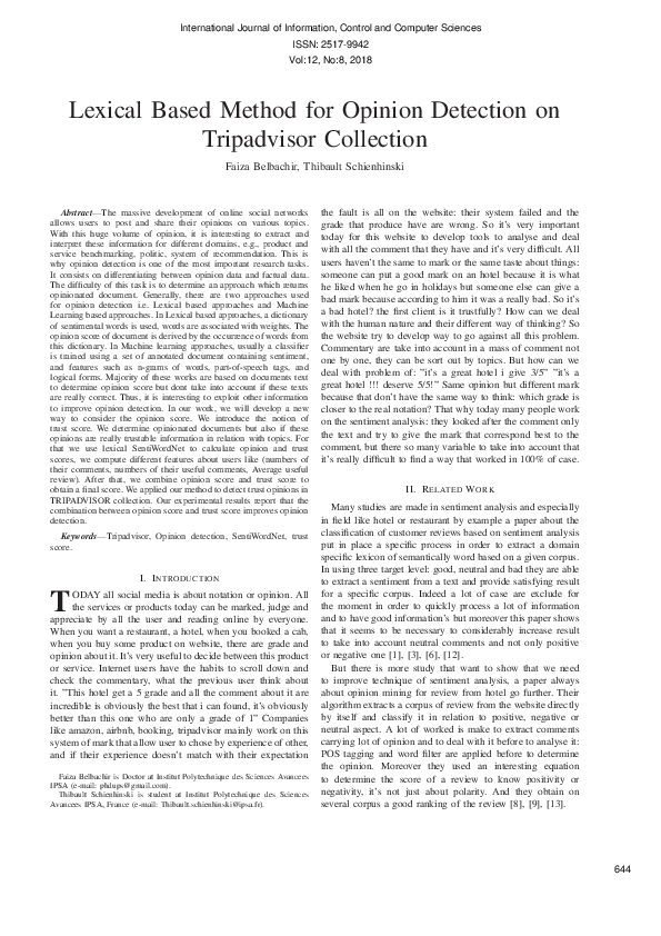 (PDF) Lexical Based Method for Opinion Detection on Tripadvisor Collection