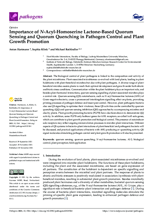 (PDF) Importance of N-Acyl-Homoserine Lactone-Based Quorum Sensing and ...