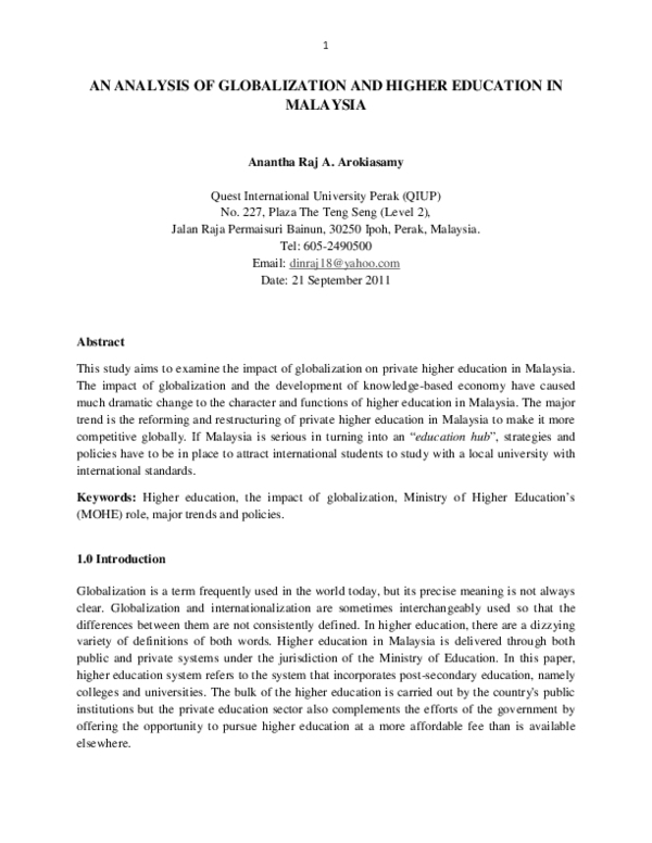 (PDF) An Analysis of Globalization and Higher Education in Malaysia